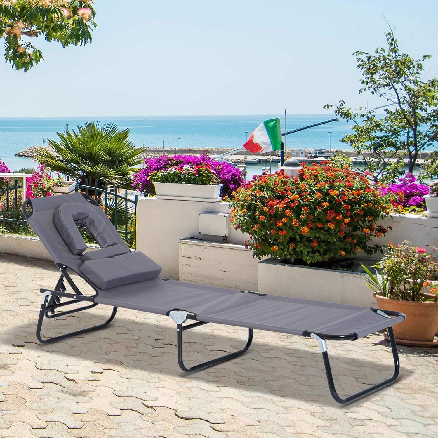 Grå trebens slappe av solseng med lesevindu | eStore