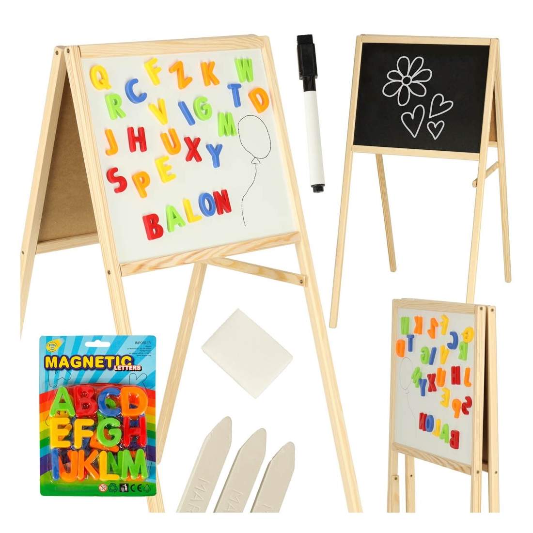 Dobbeltsidig magnettavle med bokstaver og kritt | eStore