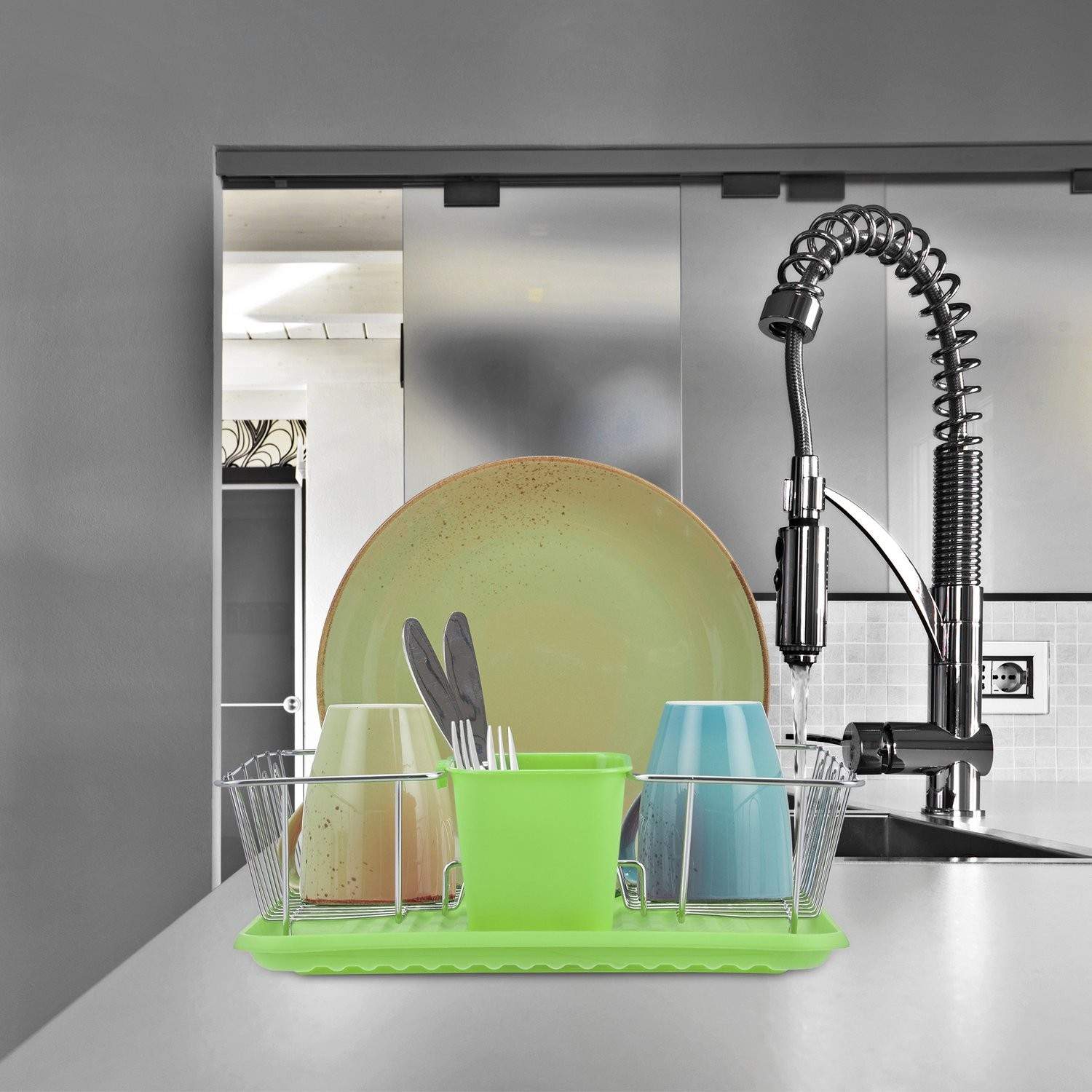 Oppvaskstativ med bestikkholder i grønt | eStore