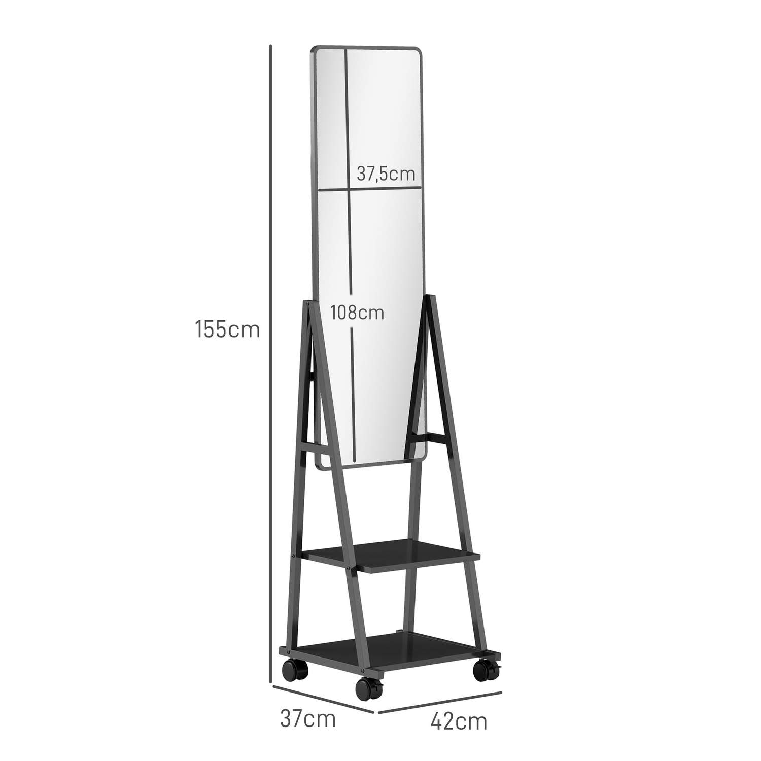 Full lengde speil, 42 x 155 cm stående speil med hylle, stående spe...