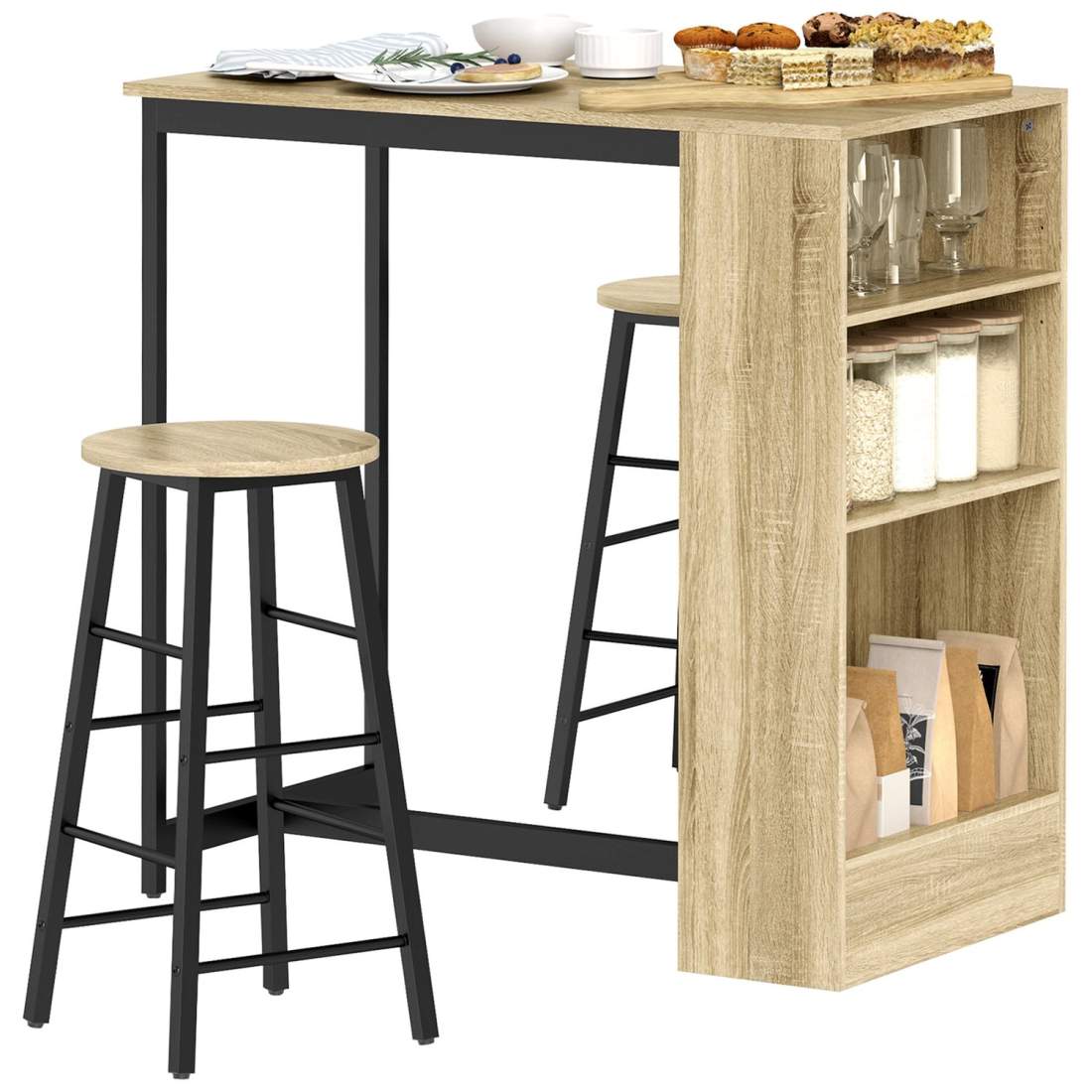 Barbord med barstolsett, 3 stk. Barbordsett med kjøkkenbord Oppbeva...