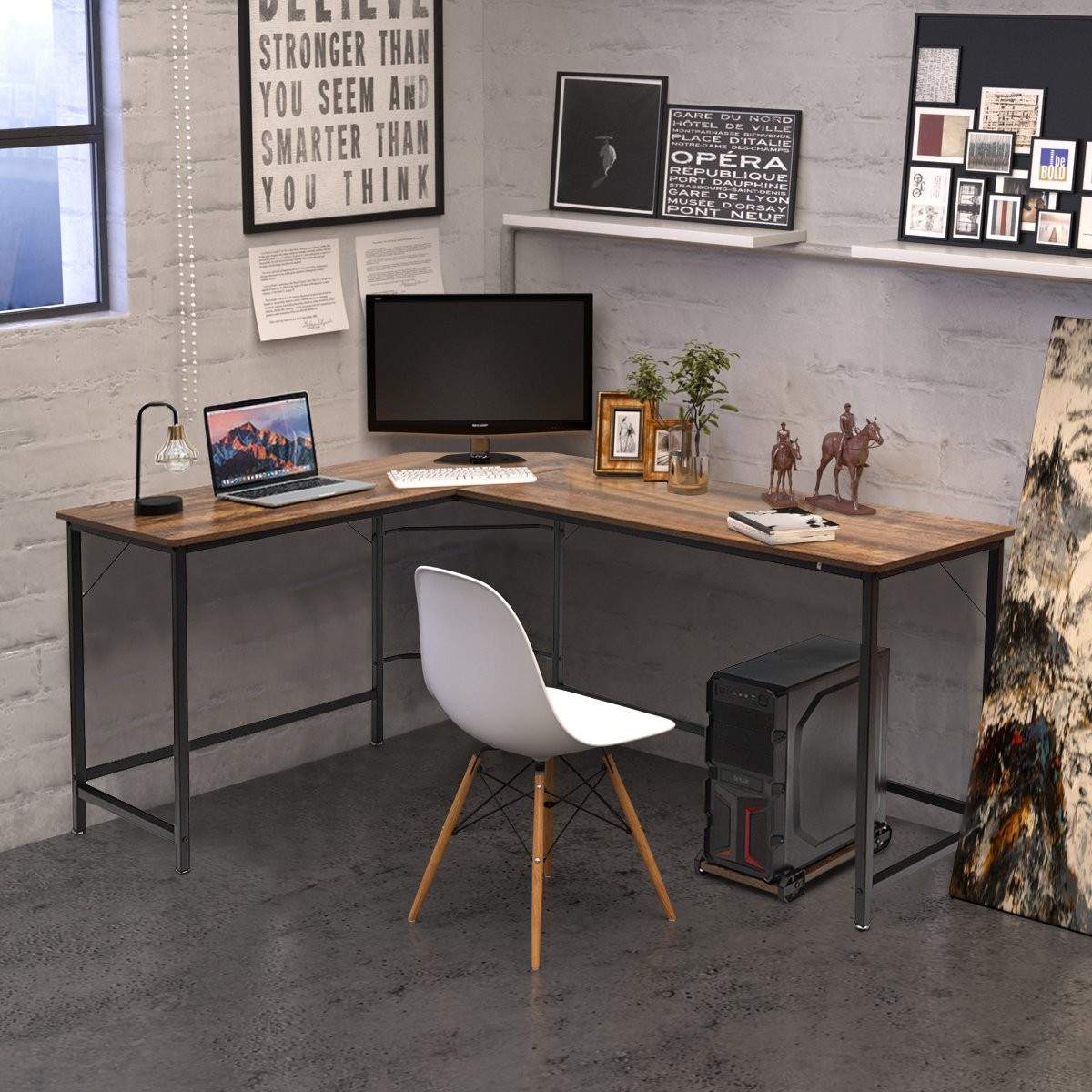 L-formet datamaskinbord PC hjørne skrivebord vinkelbord svart/natur...