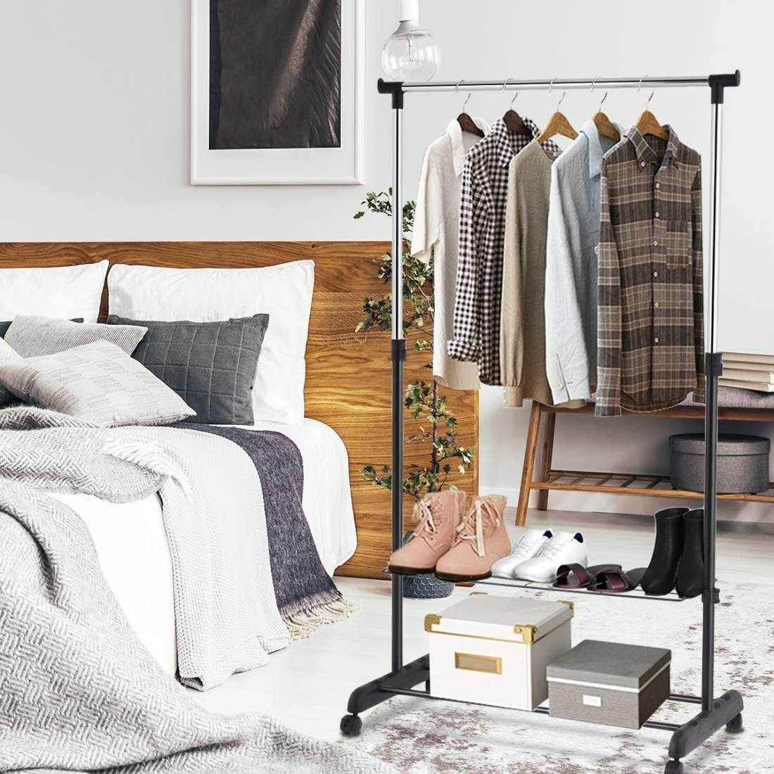 Justerbart klesstativ med hjul og skostativer for soveromsgarderobe...