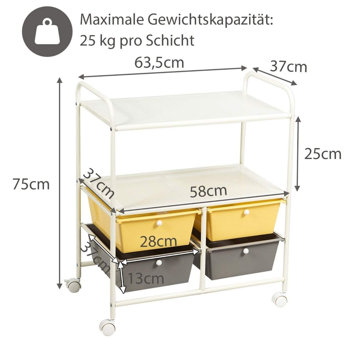 Vogn med 4 stablebare skuffer & metallramme & oppbevaringsområder r...