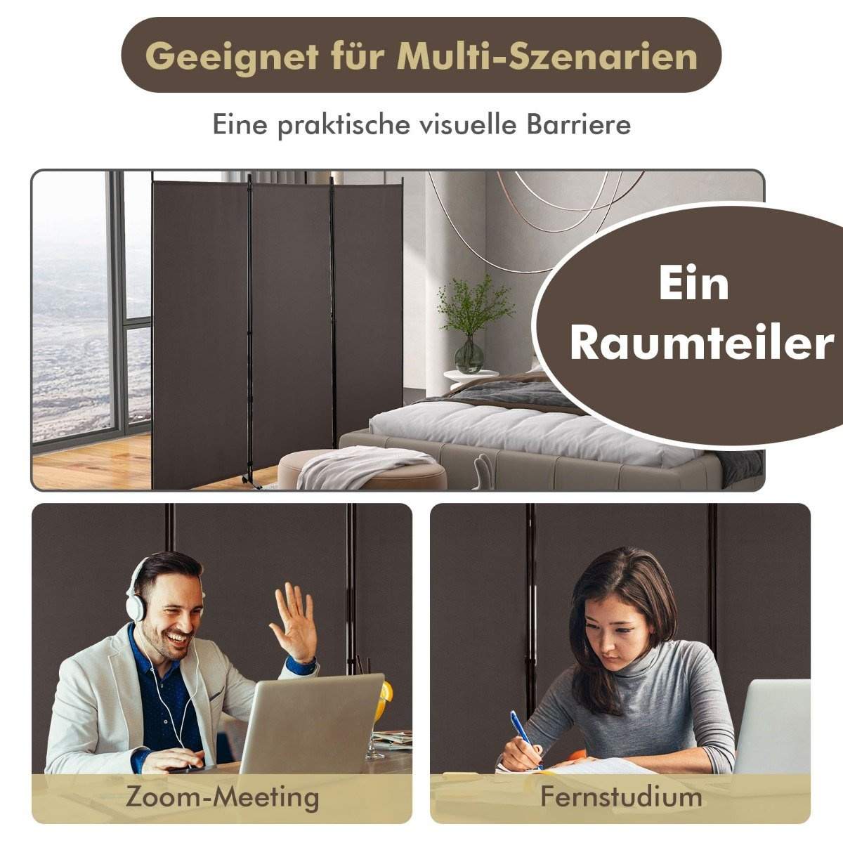 180 cm høy romdeler på hjul, sammenleggbar skjerm med 3 fritt kombi...