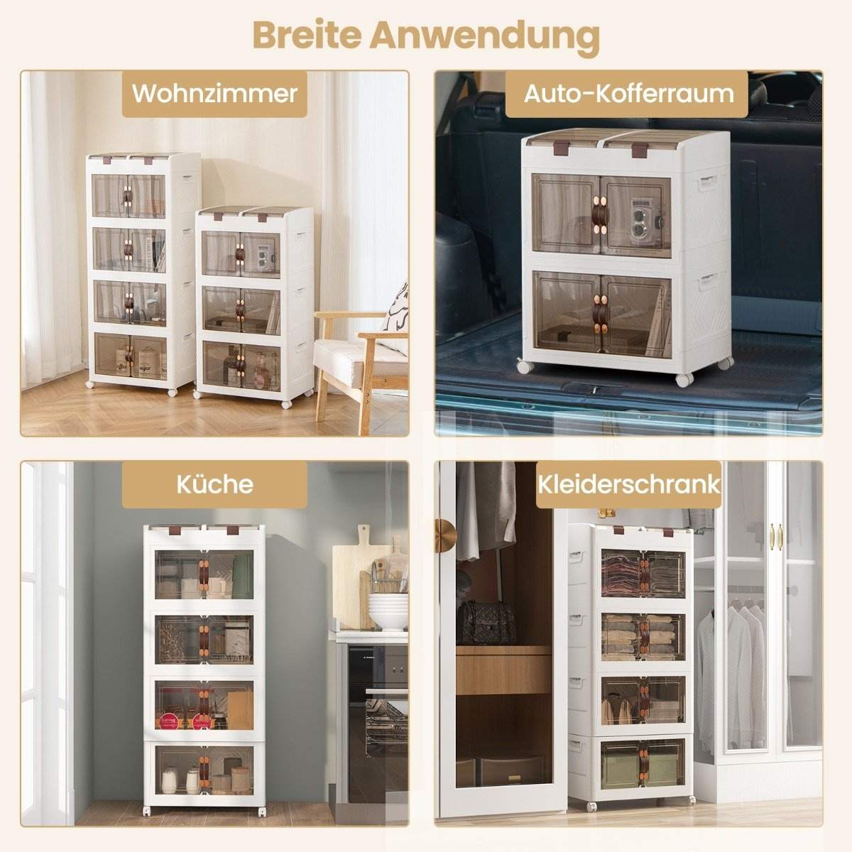 Pakke med 4 stablebokser med lokk og hjul og dører Sammenleggbar op...