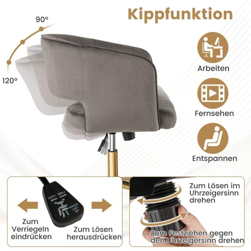 PC stol laget av fløyel, moderne svingstol med polstret rygg + grå ...