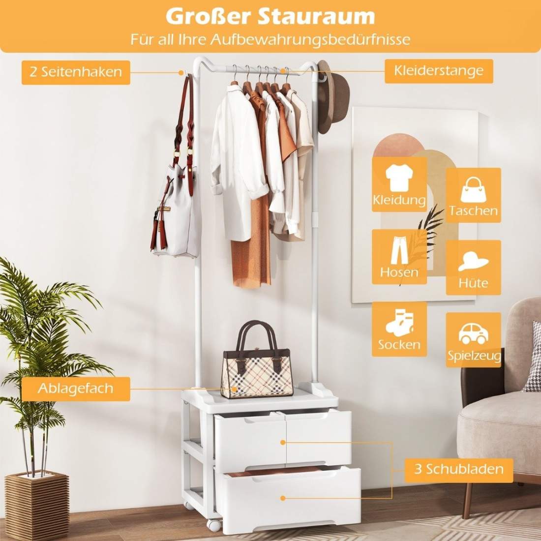 Klesstativ med 3 skuffer Rullende klesstativ med sidekroker 46 x 38...