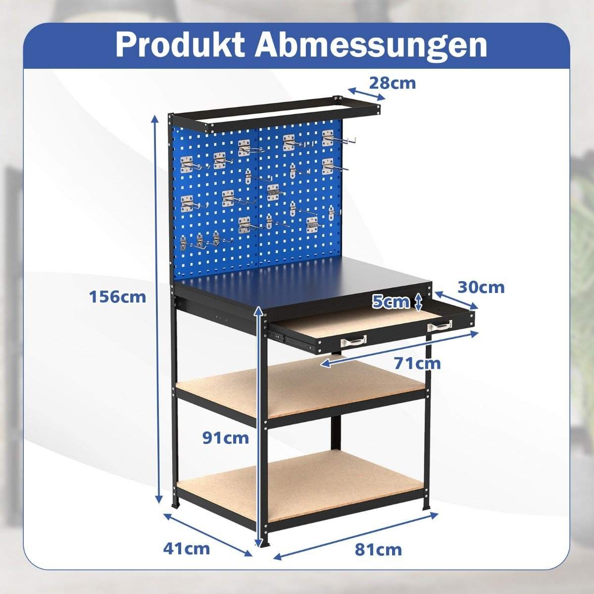 Arbeidsbenk 81 x 41 cm 225 kg bæreevne arbeidsbord med perforert ve...