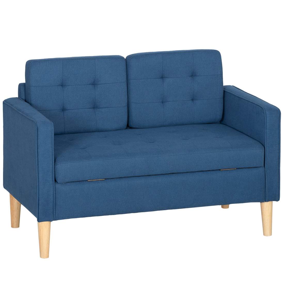 Blå 2-seters sofa med oppbevaring, knapptufting, puter | eStore