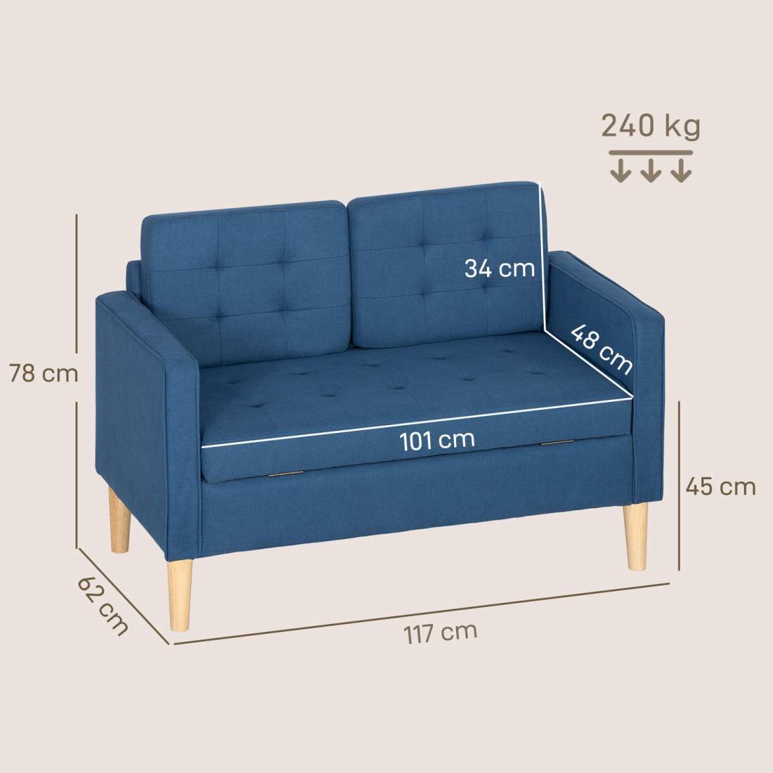 Blå 2-seters sofa med oppbevaring, knapptufting, puter | eStore