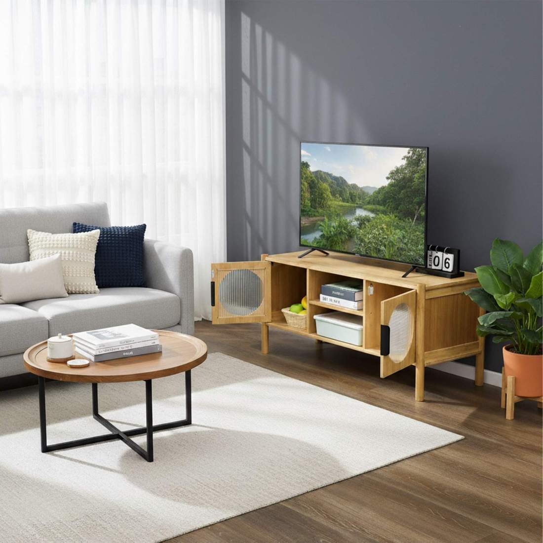TV-benk med 2 dører – kabelhåndtering, moderne design | eStore