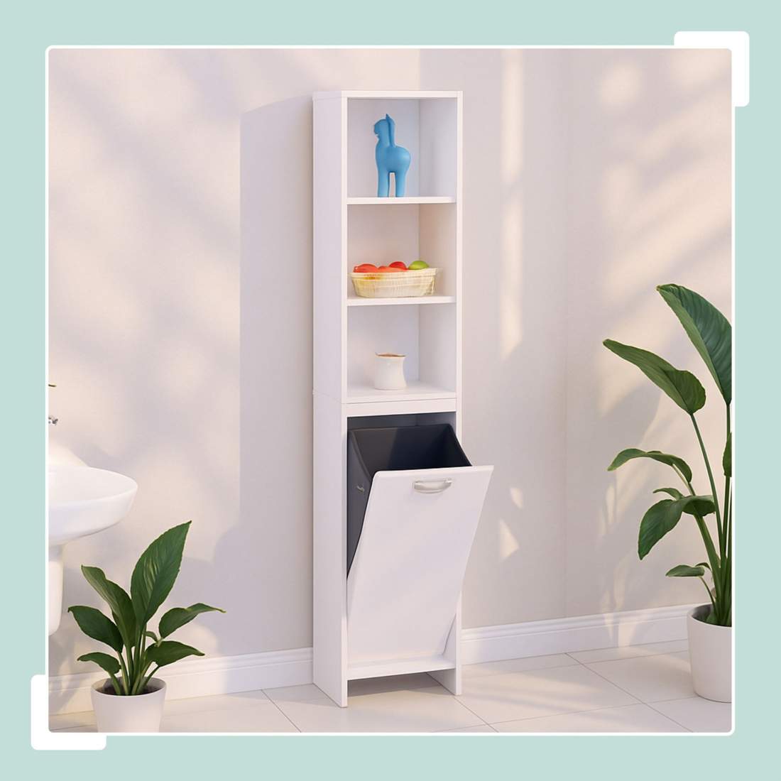 Vaskeromsskap med 44L pose – Fuktbestandig, 3 hyller | eStore