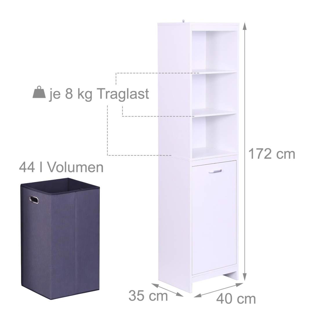 Vaskeromsskap med 44L pose – Fuktbestandig, 3 hyller | eStore