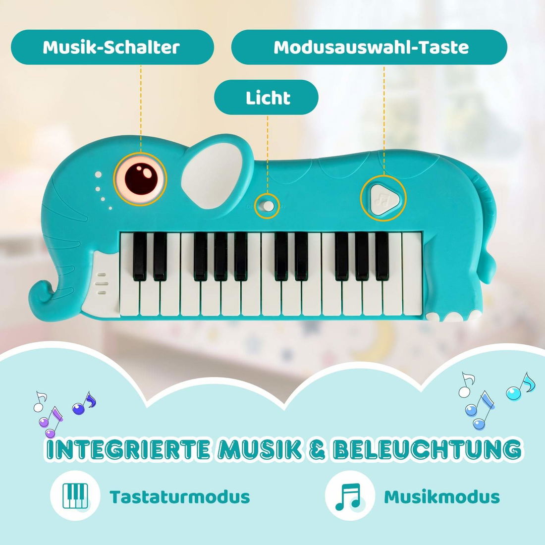 Digitalt piano for barn – 25 tangenter, musikk og lys, dinosaur/ele...