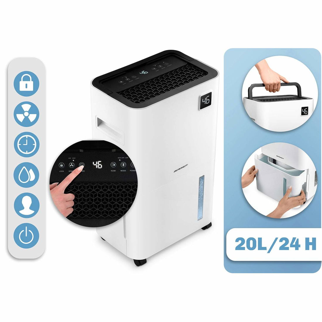 Avfukter med Wi-Fi, 20 l/dag – 3 moduser og timer | eStore